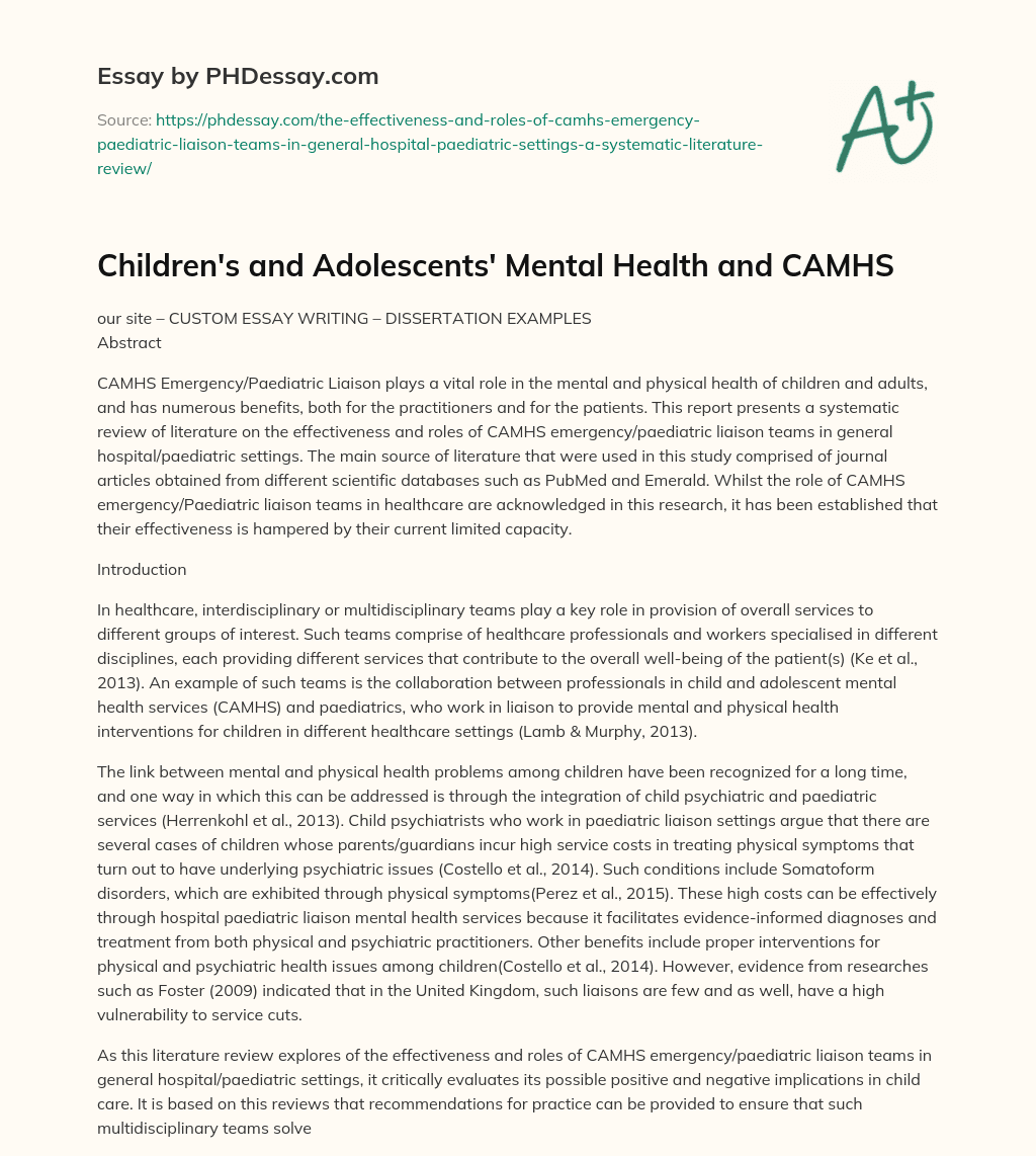 Children's and Adolescents' Mental Health and CAMHS - PHDessay.com