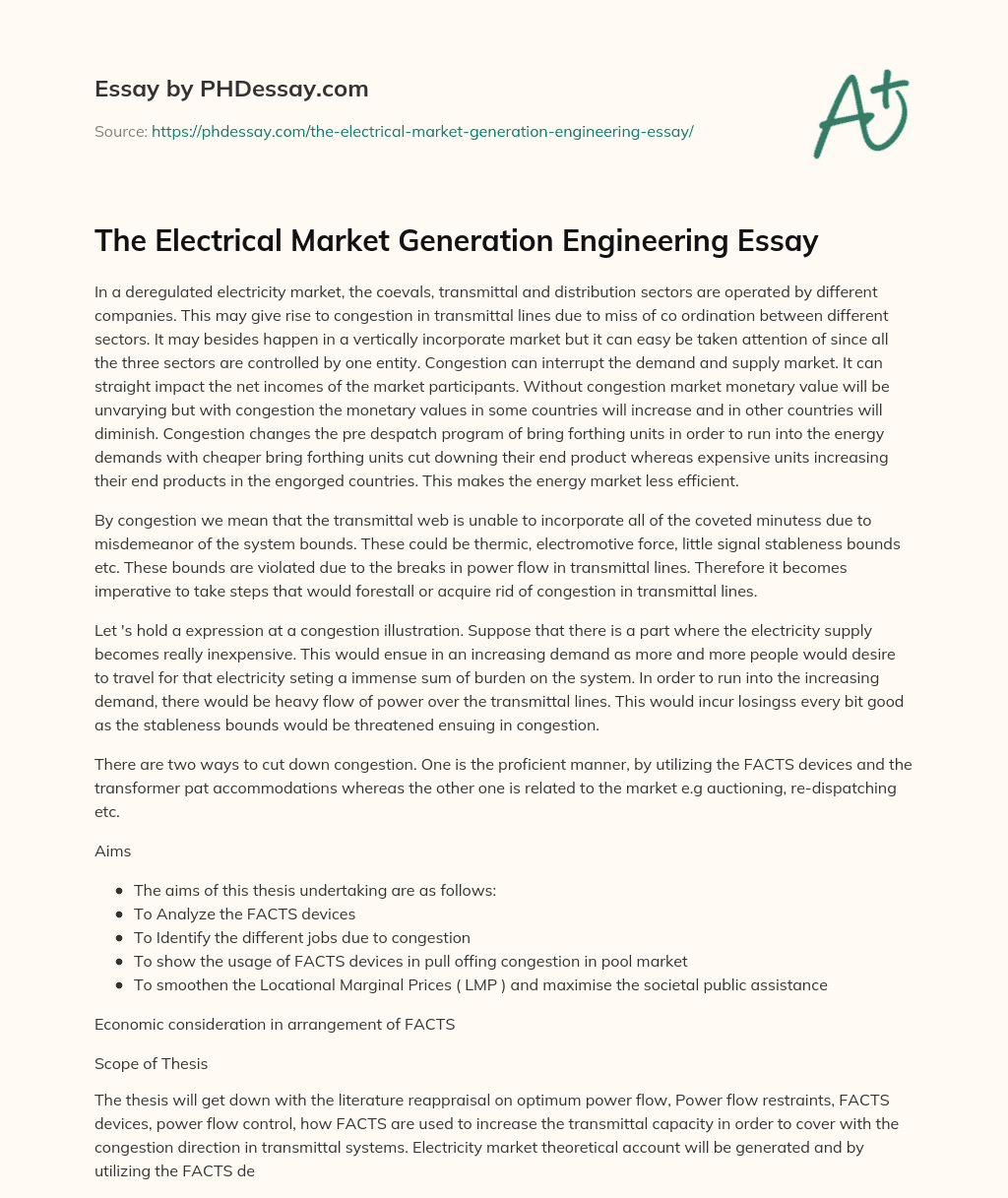 The Electrical Market Generation Engineering Essay - PHDessay.com