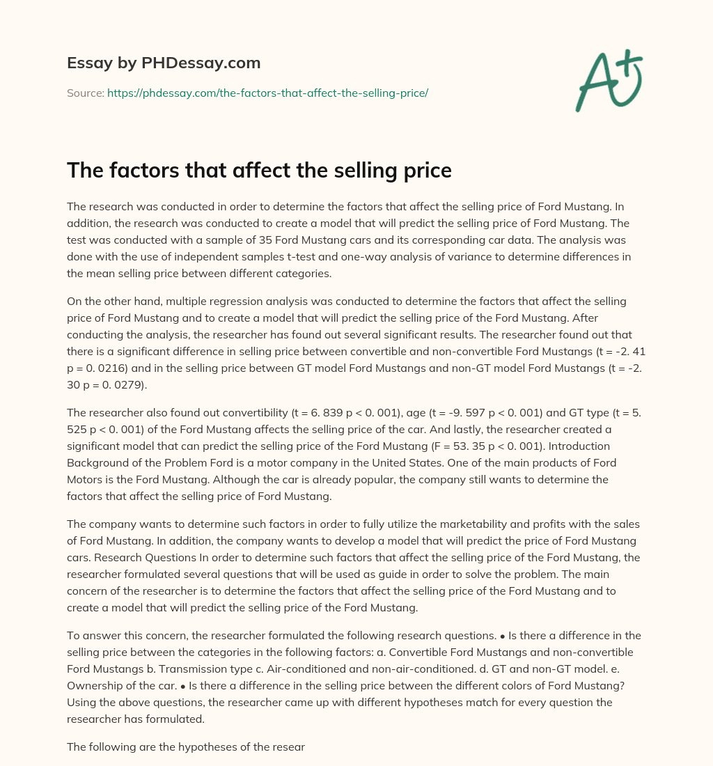 The factors that affect the selling price - PHDessay.com
