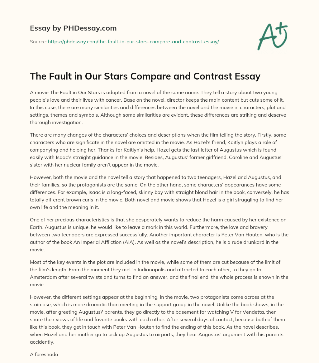 The Fault in Our Stars Compare and Contrast Essay - PHDessay.com