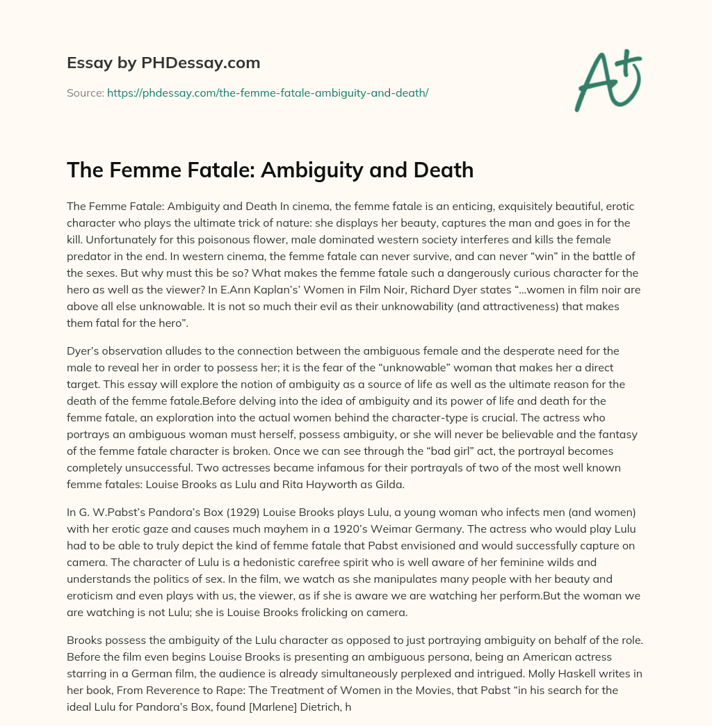 The Femme Fatale: Ambiguity and Death - PHDessay.com