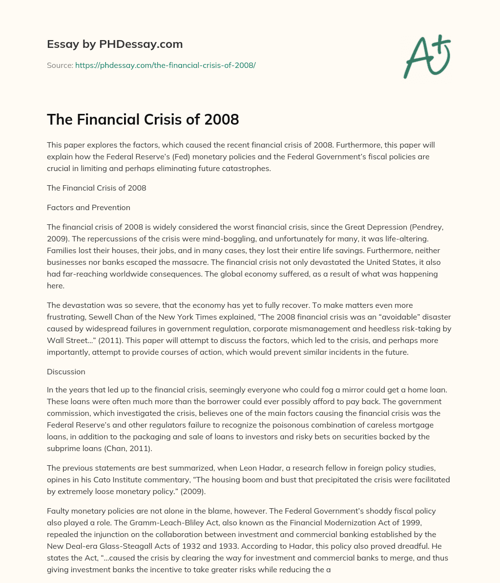 The Financial Crisis of 2008 - PHDessay.com
