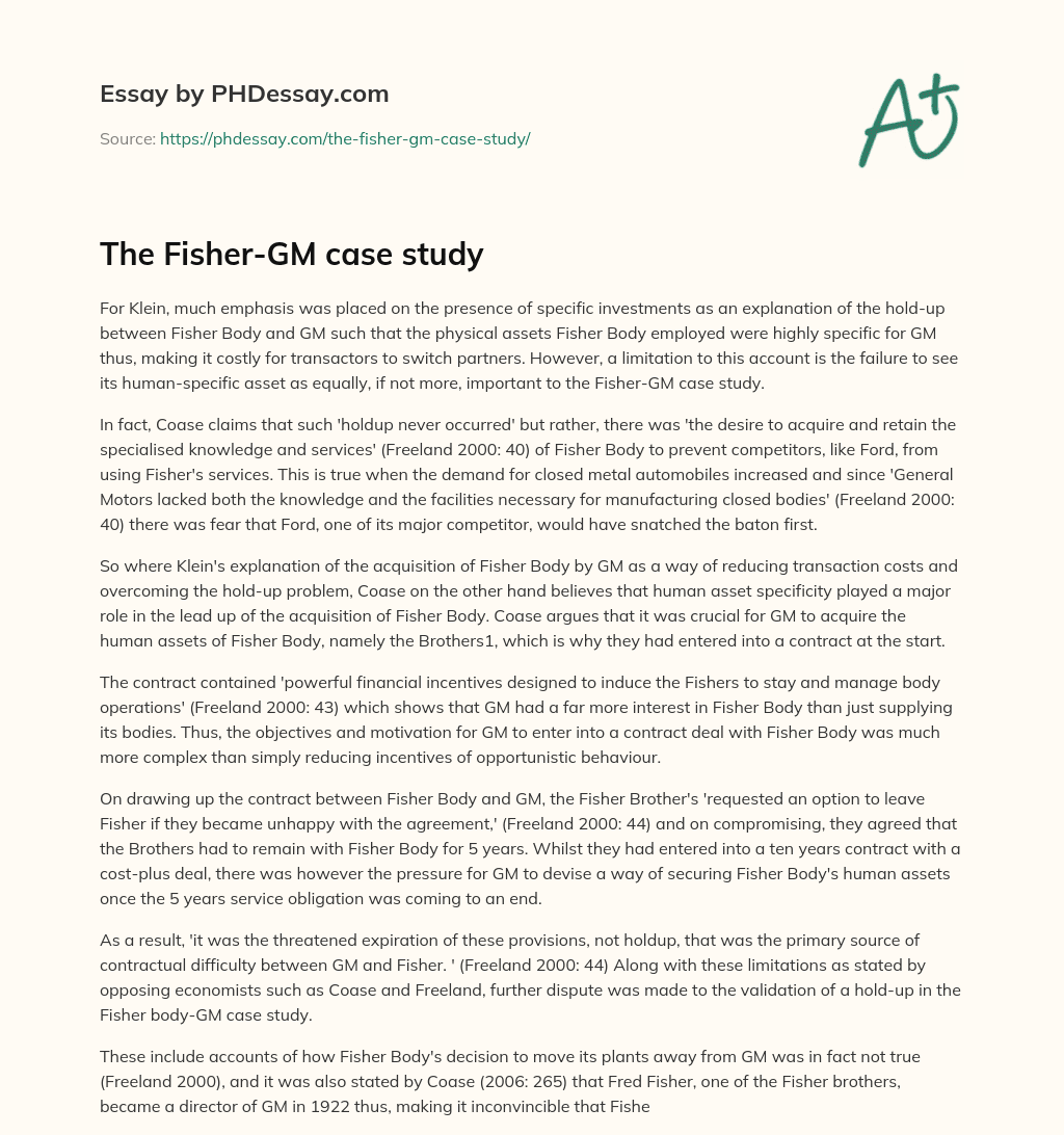 The Fisher-GM case study (600 Words) - PHDessay.com