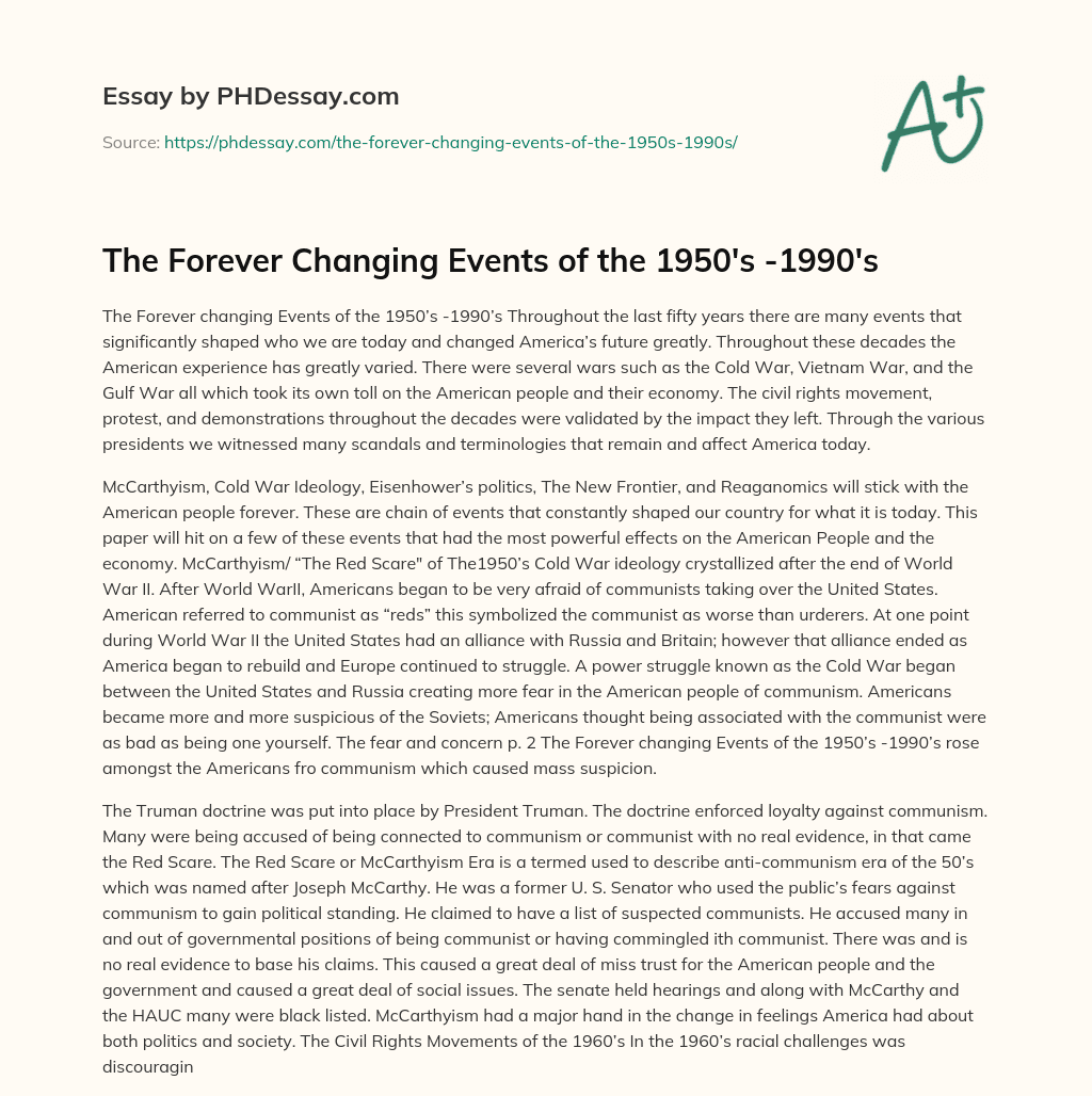The Forever Changing Events of the 1950's -1990's - PHDessay.com