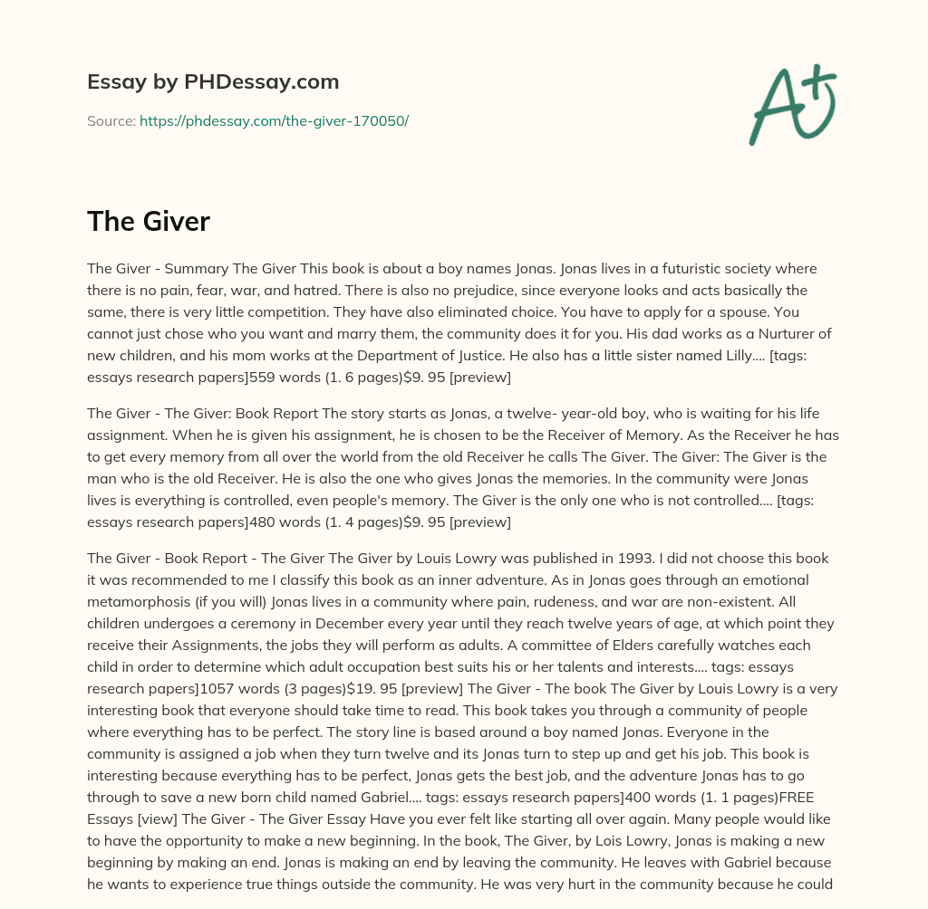 The Giver Essay Example - PHDessay.com
