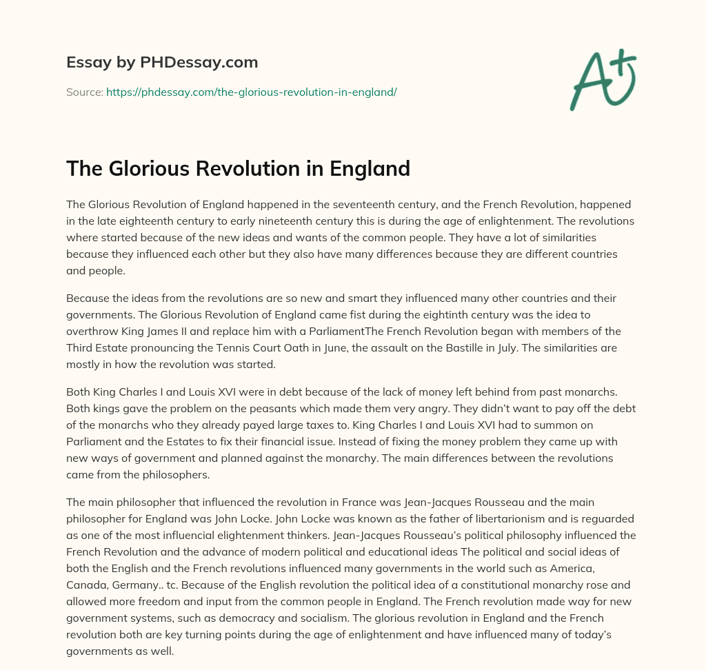 The Glorious Revolution in England (400 Words) - PHDessay.com