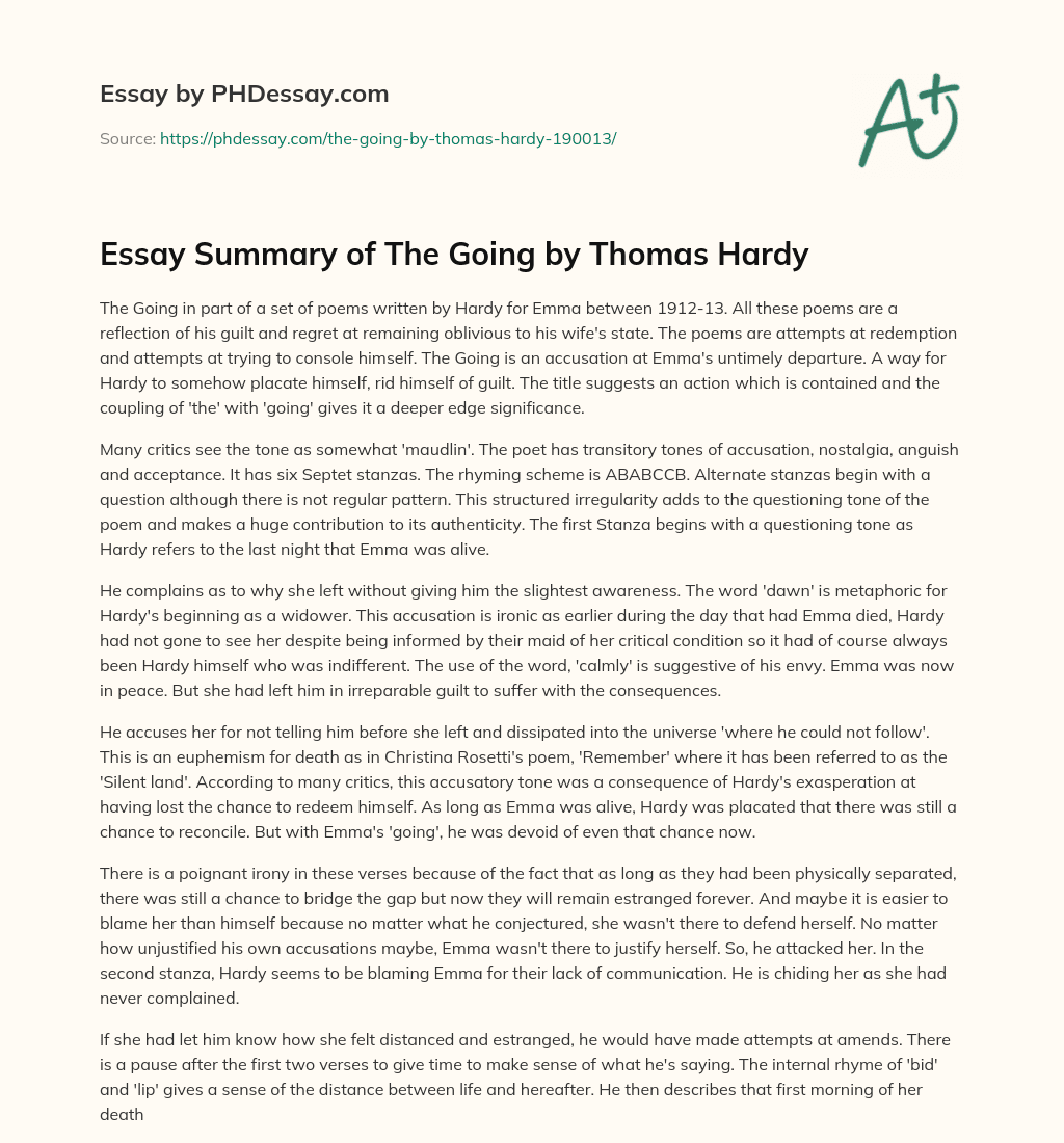 Essay Summary of The Going by Thomas Hardy - PHDessay.com