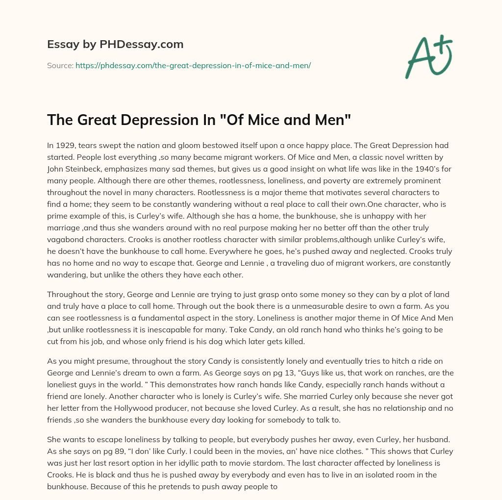 The Great Depression In "Of Mice and Men" - PHDessay.com