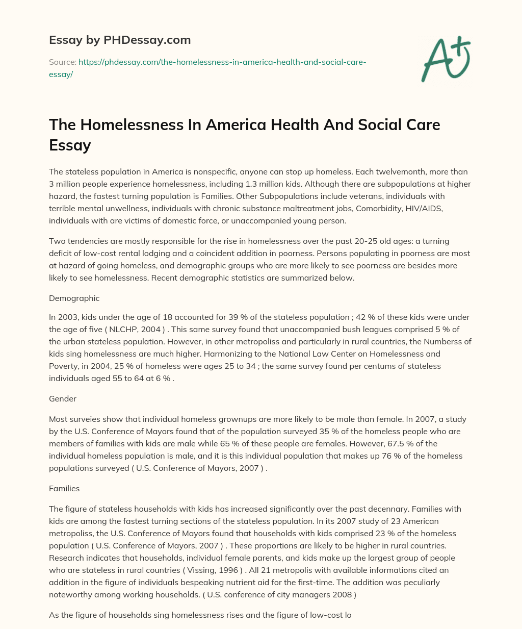 The Homelessness In America Health And Social Care Essay - PHDessay.com