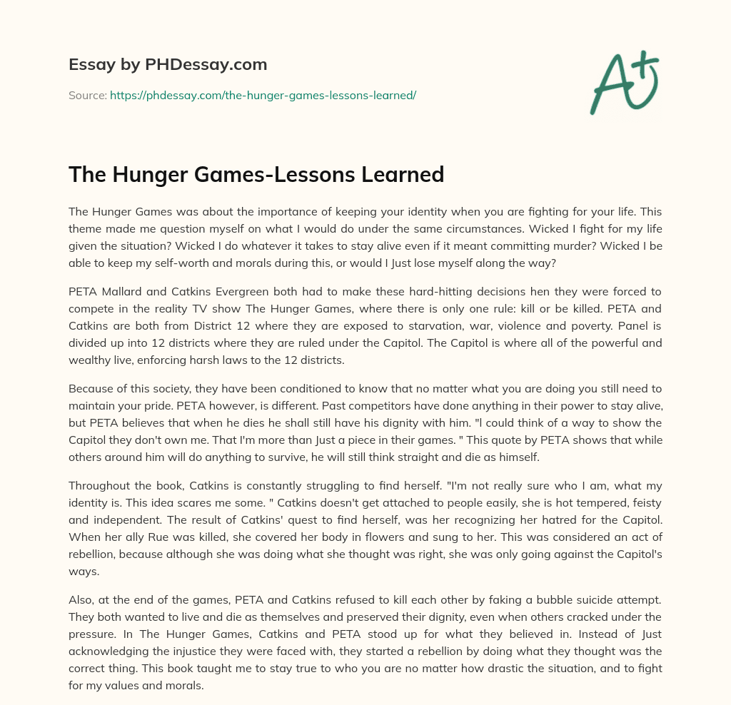 The Hunger Games-Lessons Learned (500 Words) - PHDessay.com