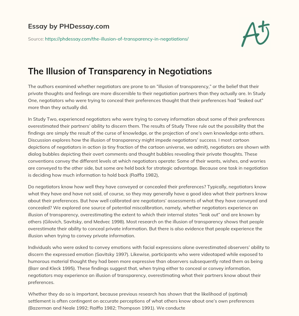 The Illusion of Transparency in Negotiations - PHDessay.com