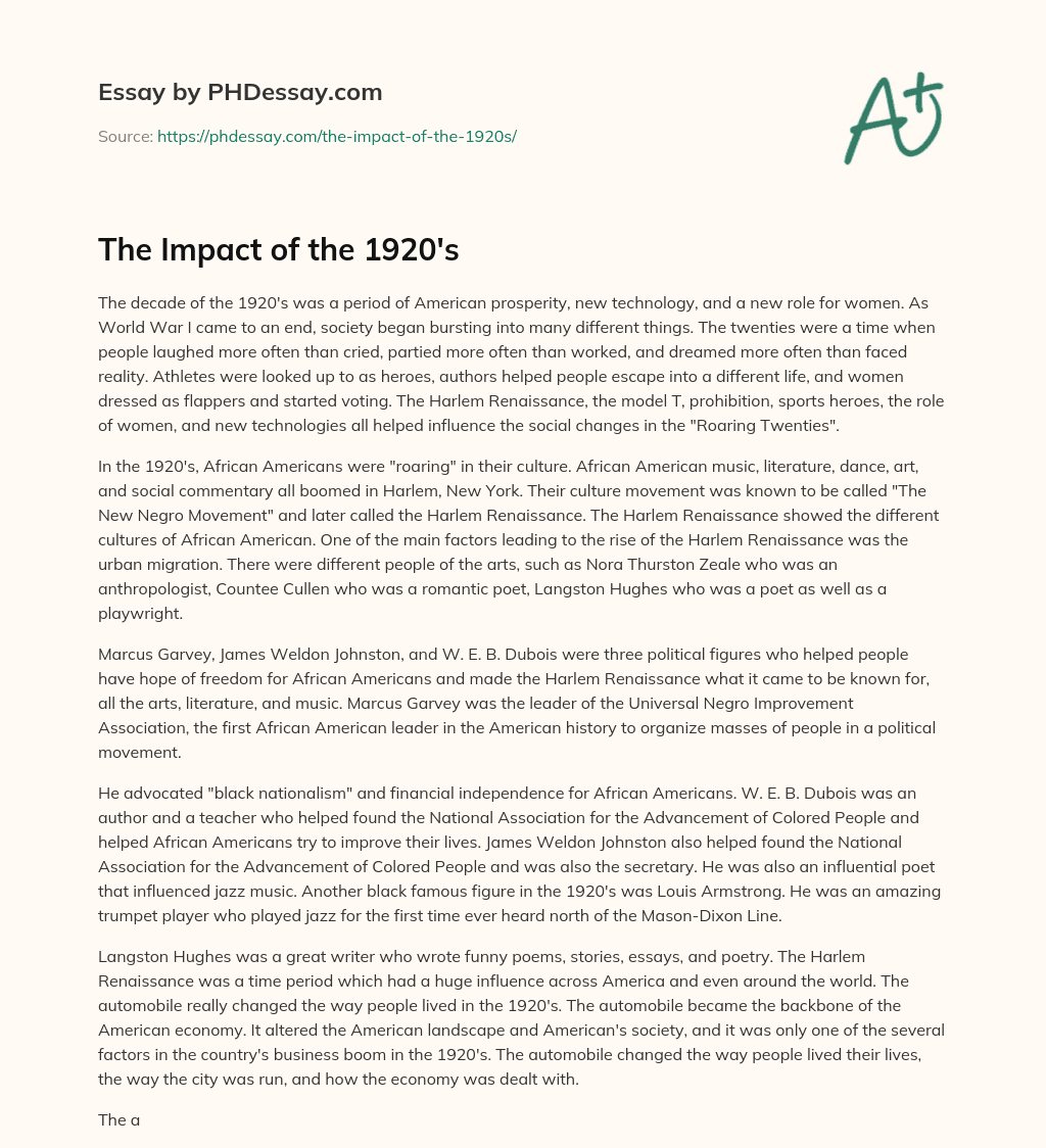 The Impact of the 1920's - PHDessay.com