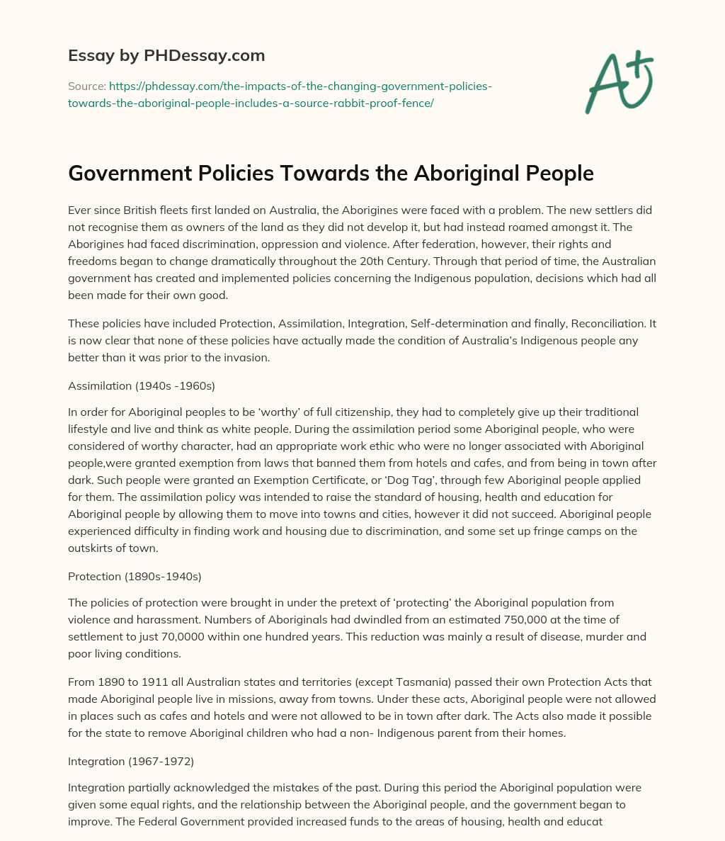 Government Policies Towards the Aboriginal People - PHDessay.com