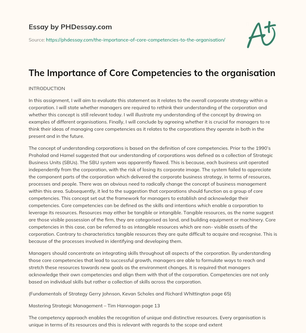 The Importance of Core Competencies to the organisation - PHDessay.com