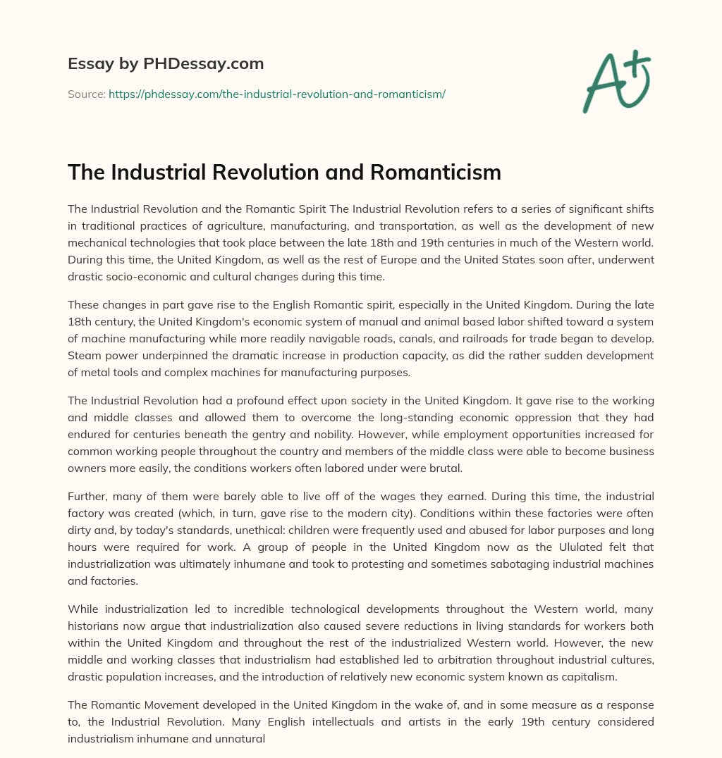 The Industrial Revolution and Romanticism (600 Words) - PHDessay.com