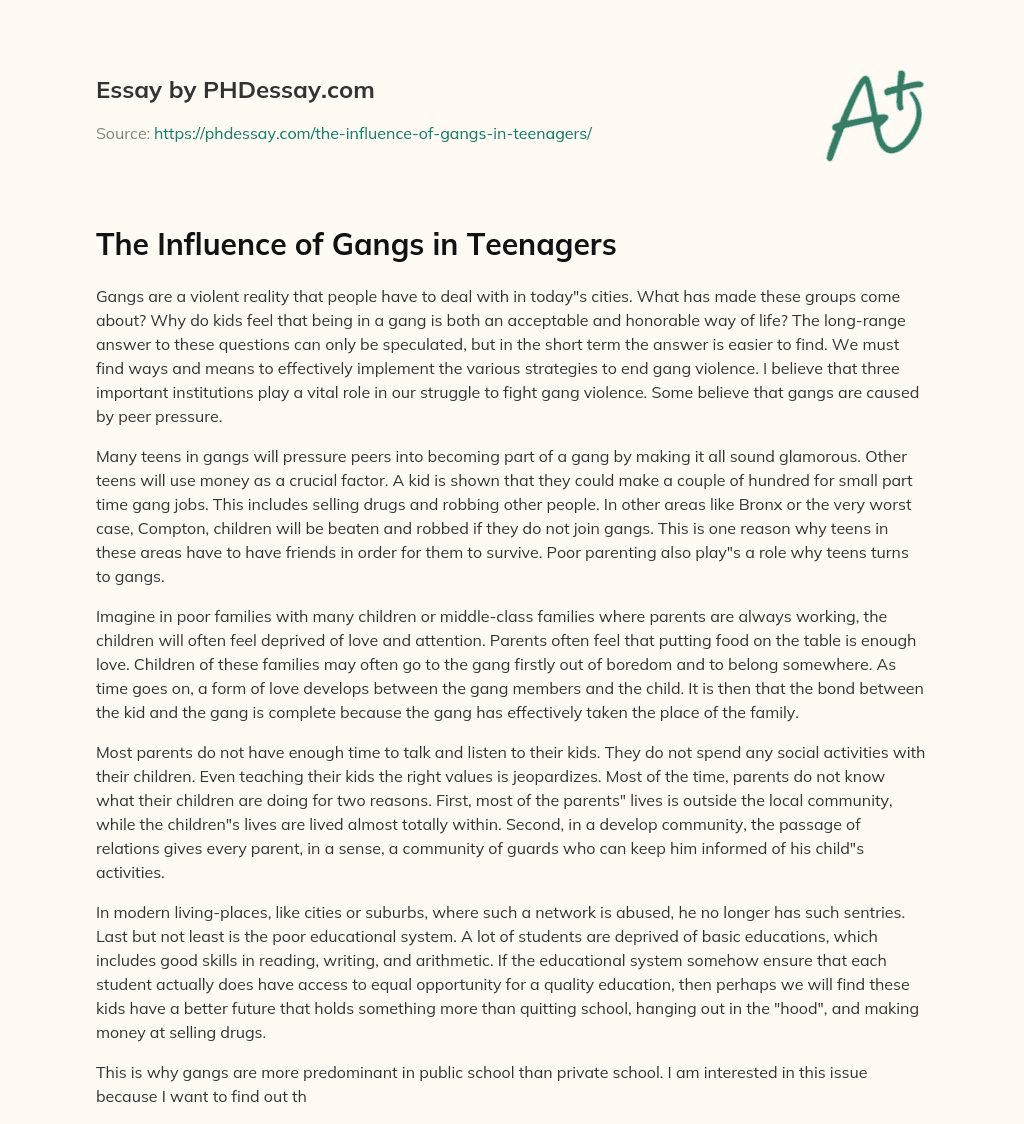The Influence of Gangs in Teenagers - PHDessay.com