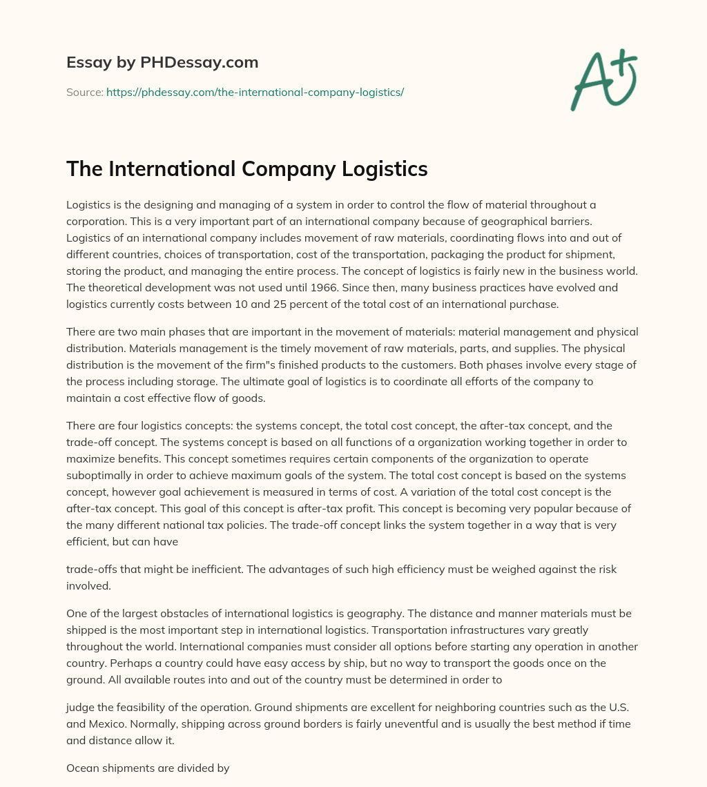 The International Company Logistics - PHDessay.com