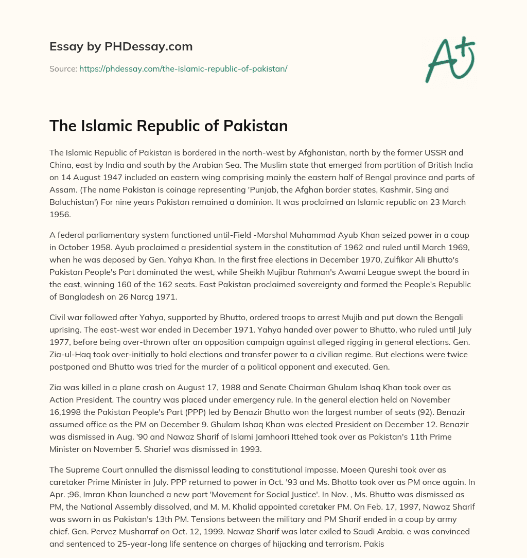The Islamic Republic of Pakistan - PHDessay.com