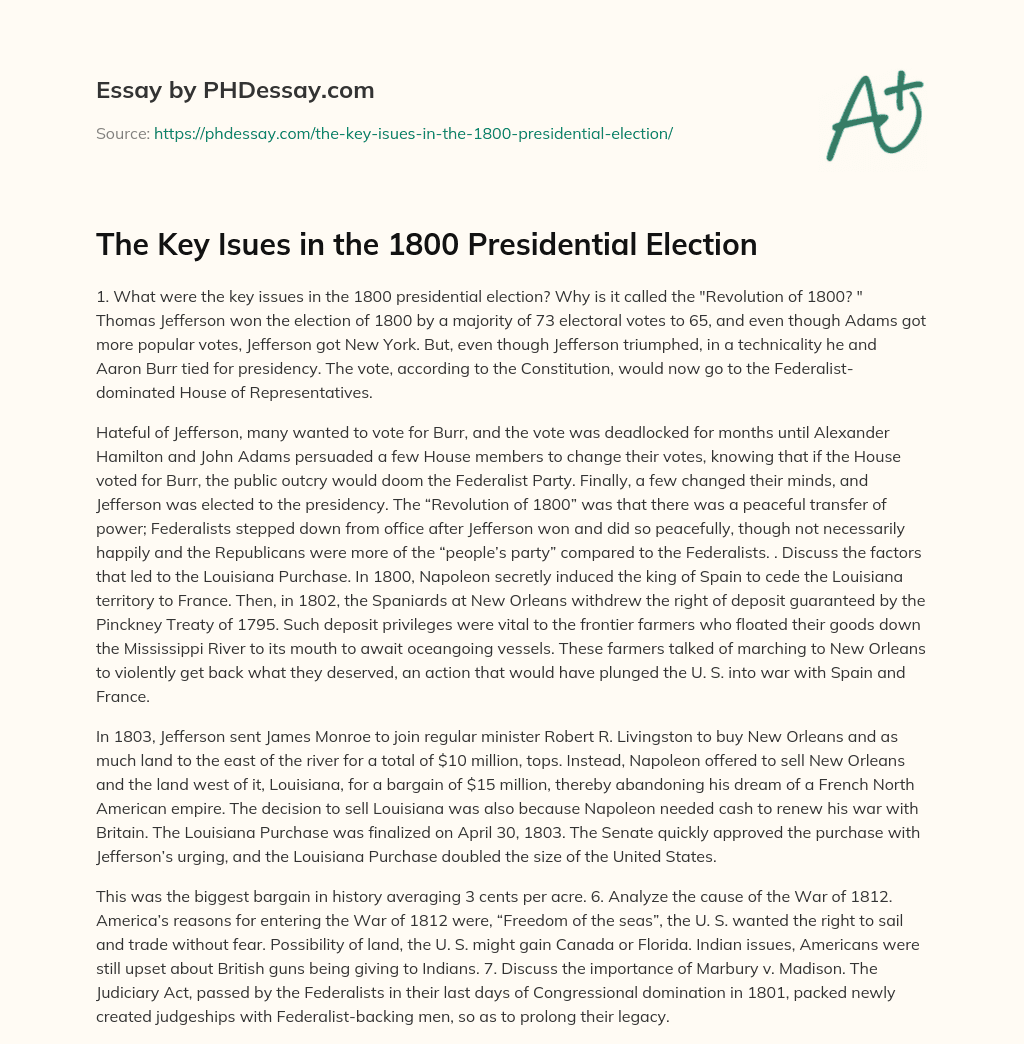 The Key Isues in the 1800 Presidential Election - PHDessay.com