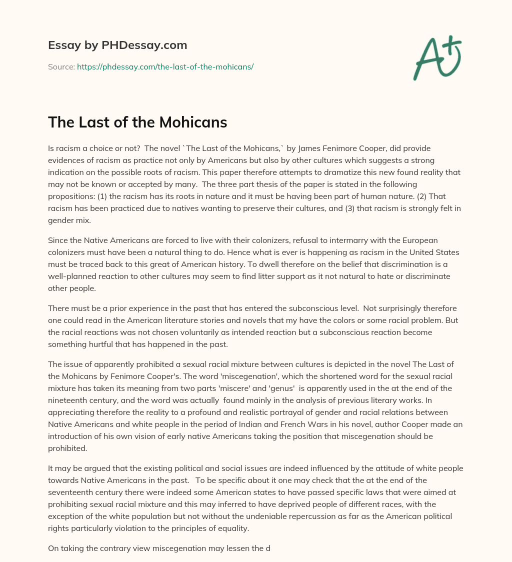 The Last of the Mohicans - PHDessay.com