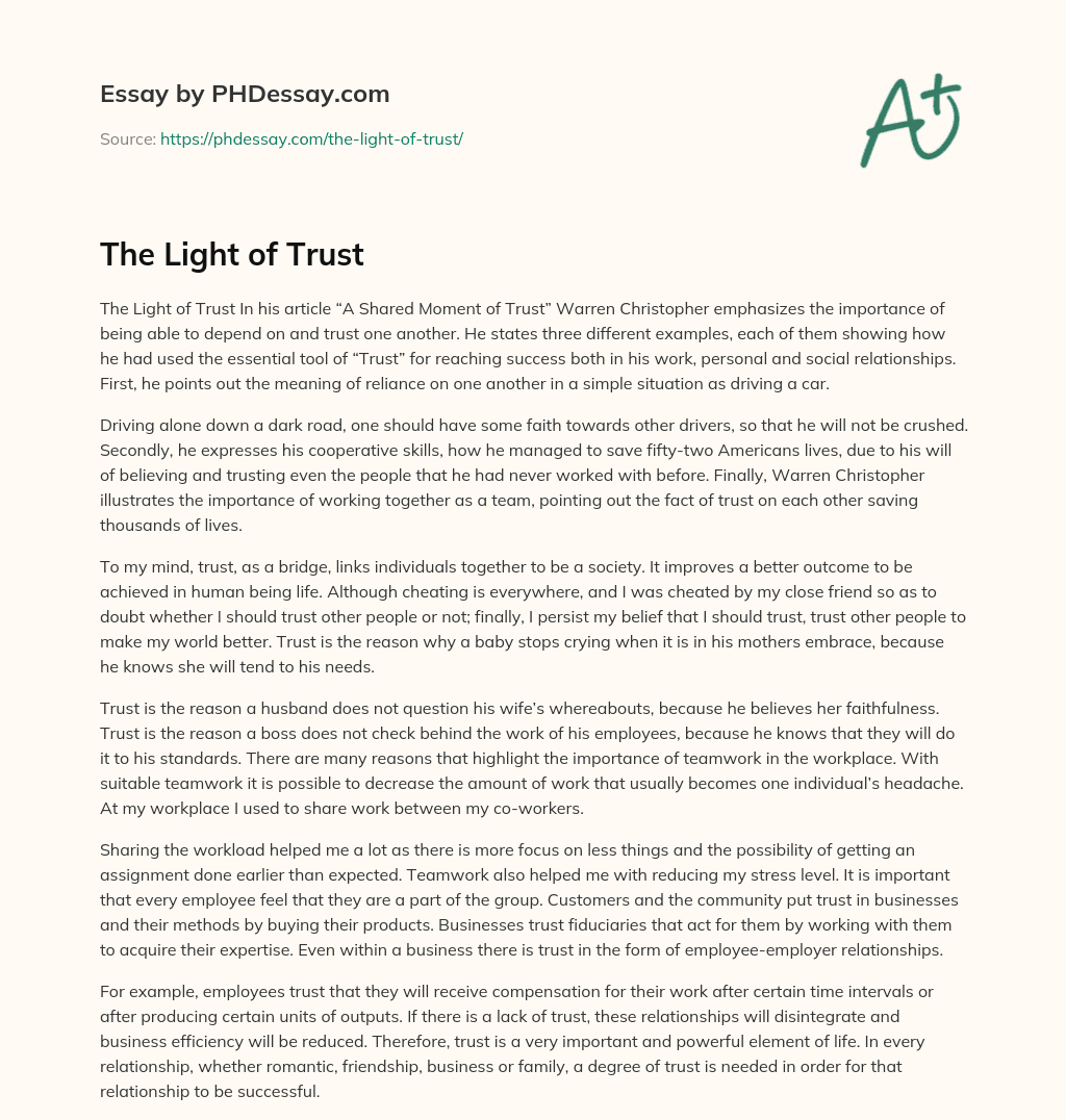 The Light of Trust (500 Words) - PHDessay.com