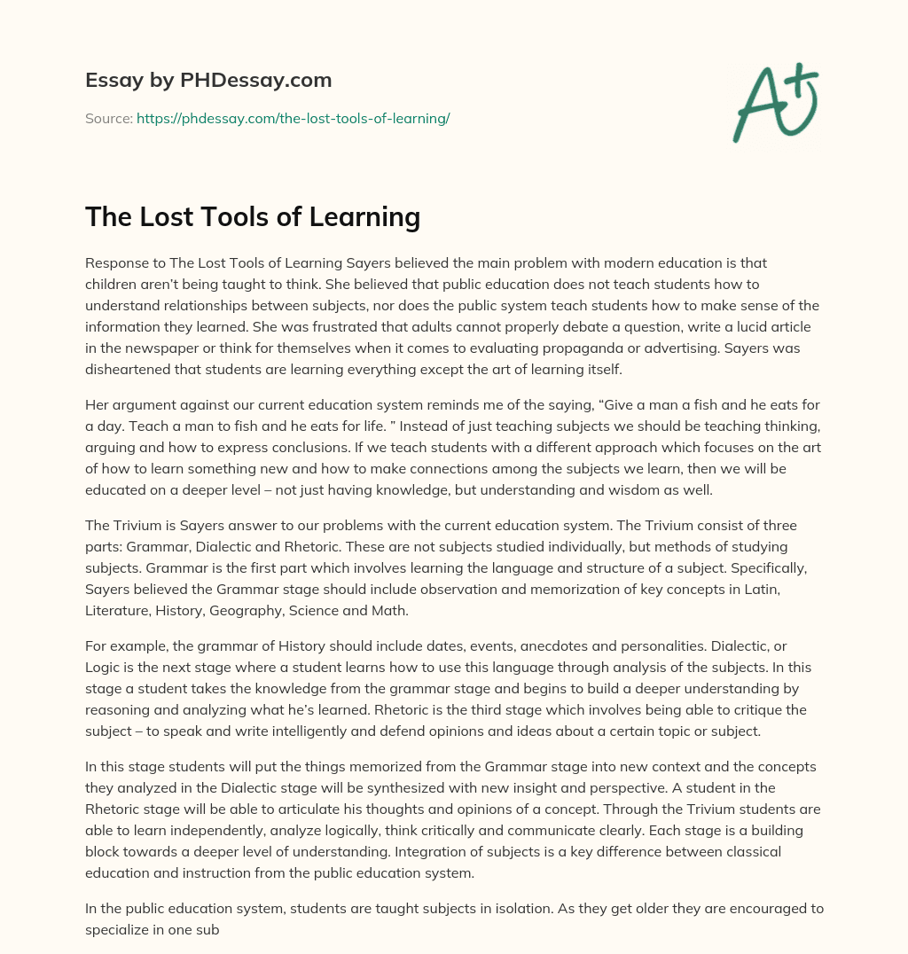 The Lost Tools Of Learning Essay Example (500 Words) - PHDessay.com