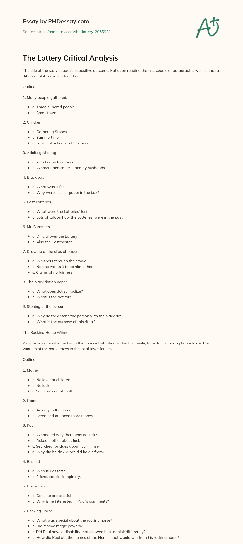 The Lottery Critical Analysis (300 Words) - PHDessay.com