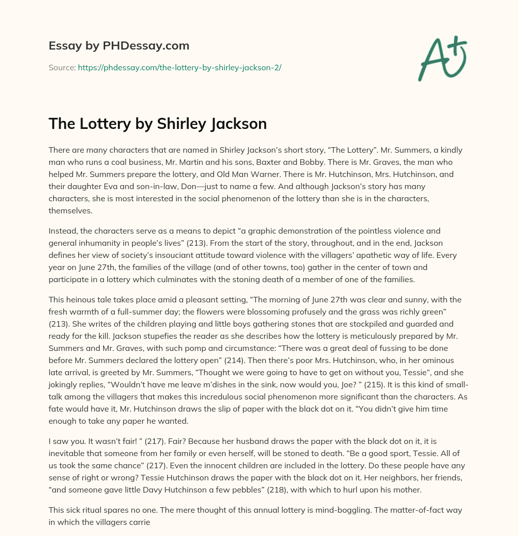 The Lottery by Shirley Jackson - PHDessay.com