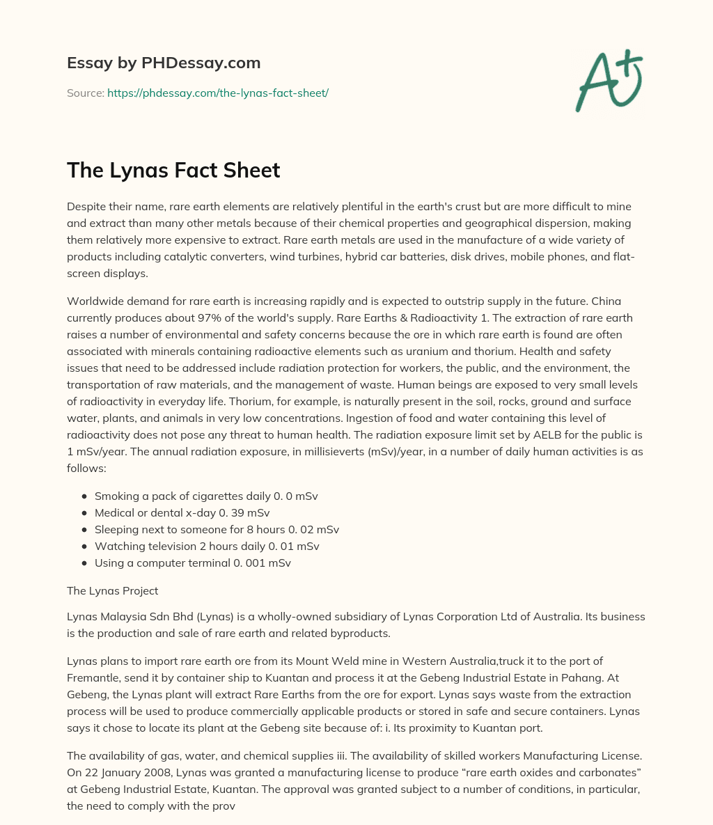 The Lynas Fact Sheet - PHDessay.com