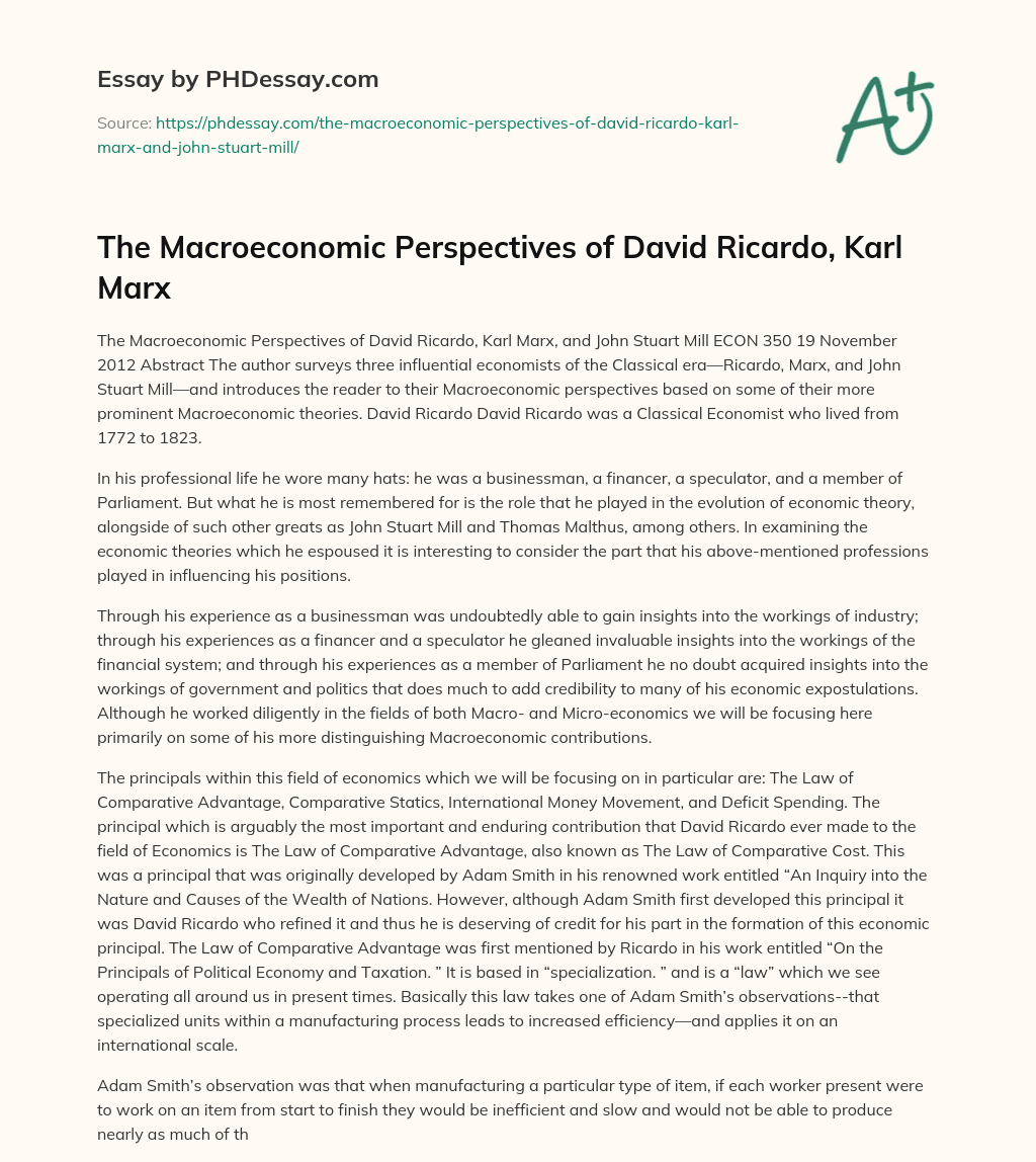 The Macroeconomic Perspectives of David Ricardo, Karl Marx - PHDessay.com