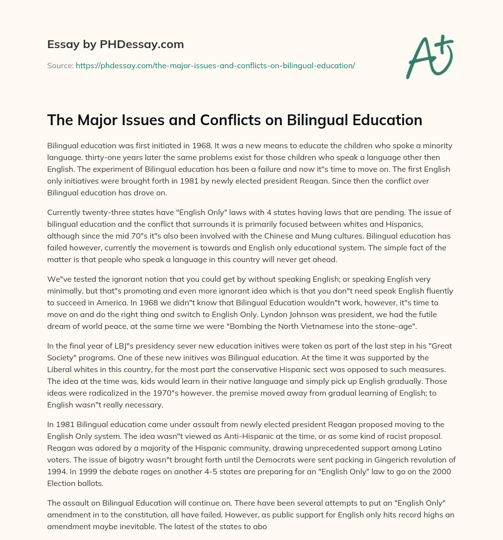 The Major Issues and Conflicts on Bilingual Education - PHDessay.com