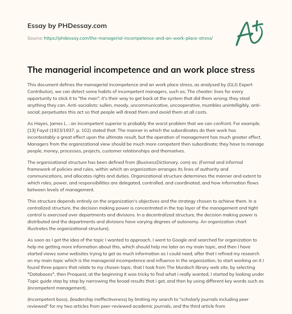 The Managerial Incompetence And An Work Place Stress Example (500 Words ...