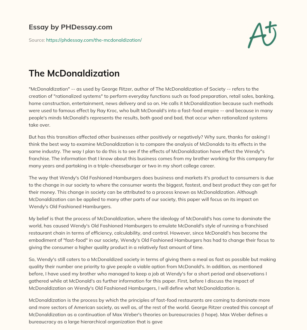 The McDonaldization - PHDessay.com