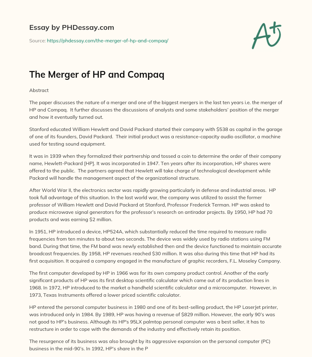 The Merger of HP and Compaq - PHDessay.com