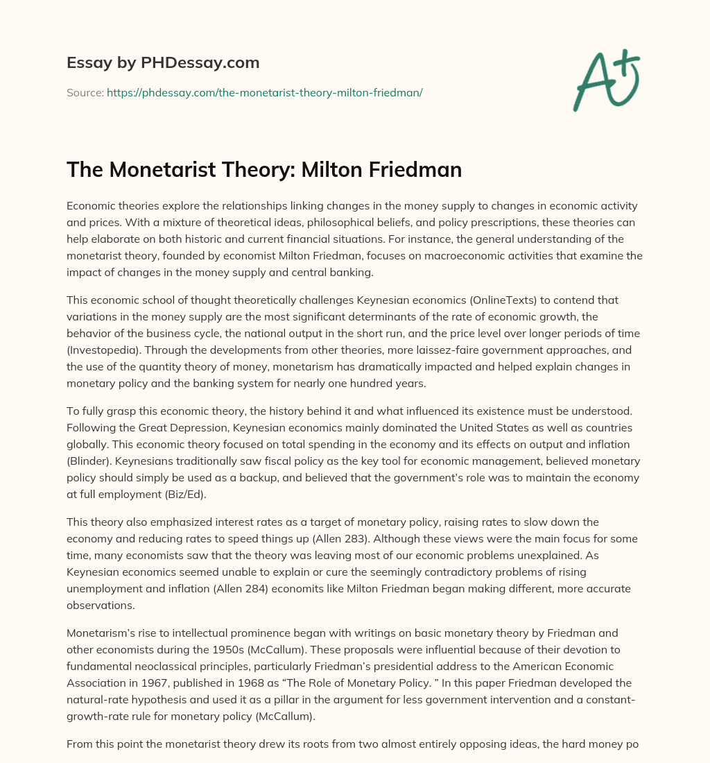 The Monetarist Theory: Milton Friedman - PHDessay.com