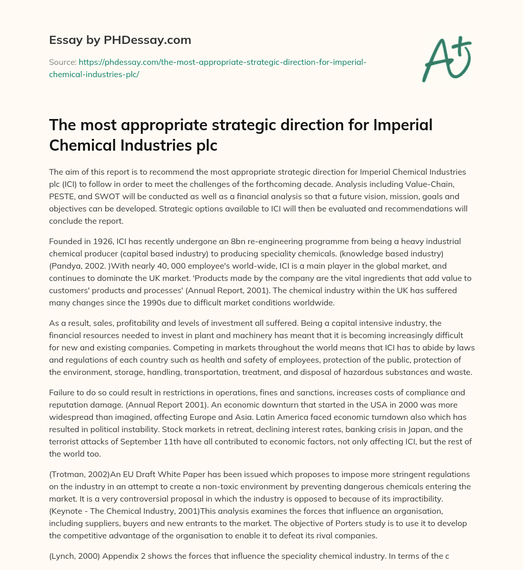 The most appropriate strategic direction for Imperial Chemical ...