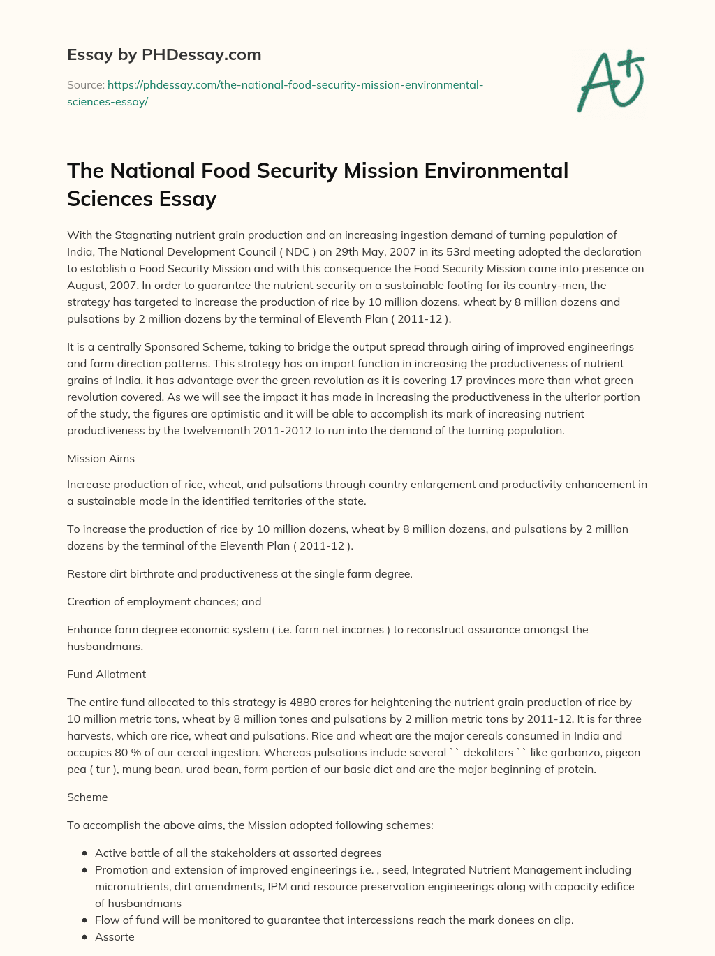 The National Food Security Mission Environmental Sciences Essay ...