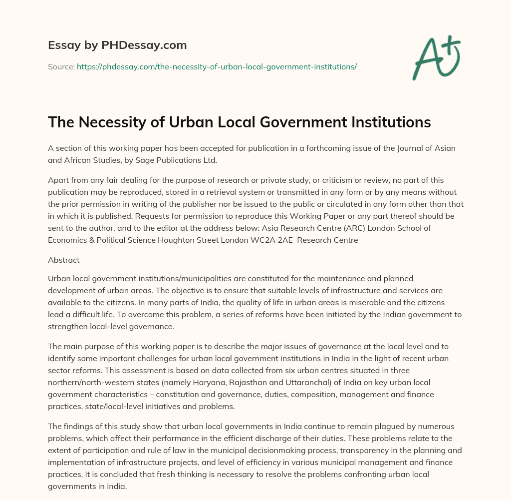 The Necessity of Urban Local Government Institutions (400 Words ...