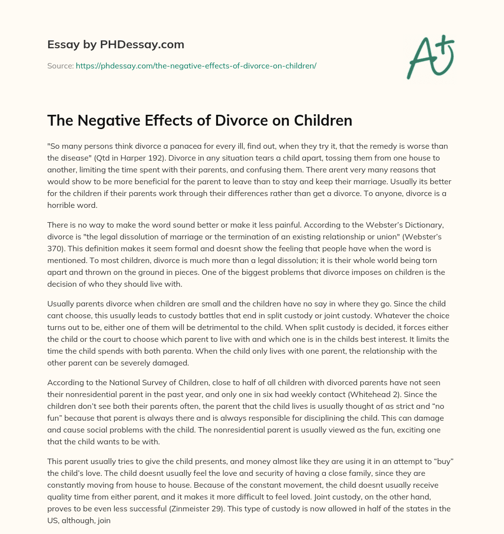 The Negative Effects Of Divorce On Children Essay Example - PHDessay.com