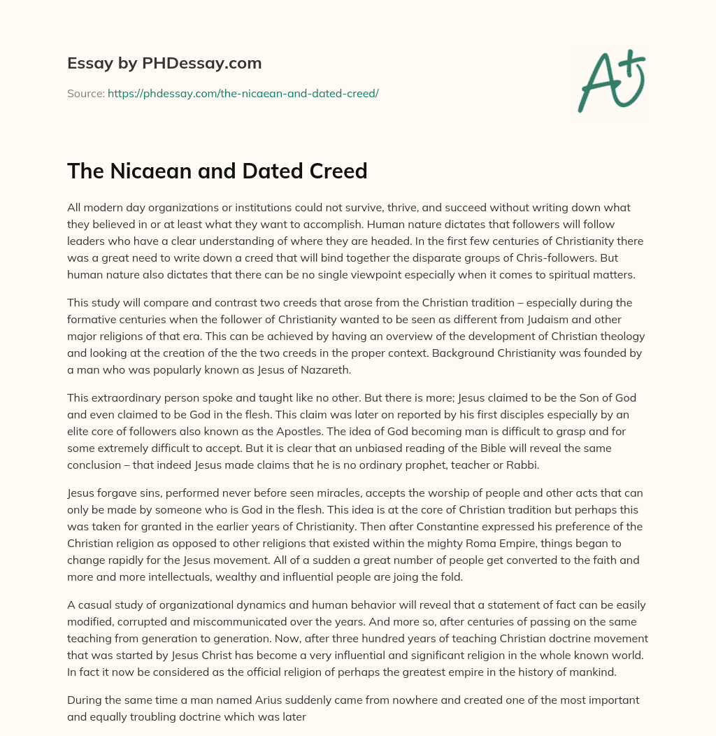 The Nicaean And Dated Creed Essay Example - PHDessay.com