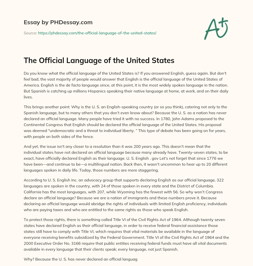 The Official Language of the United States (600 Words) - PHDessay.com