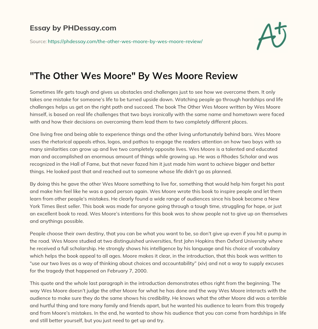"The Other Wes Moore" By Wes Moore Review Compare And Contrast Essay ...