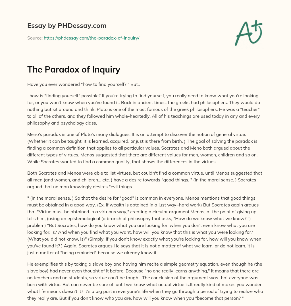 The Paradox of Inquiry (600 Words) - PHDessay.com