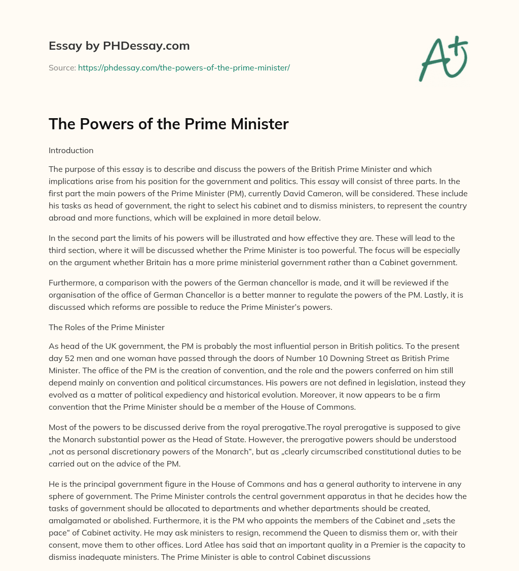The Powers of the Prime Minister - PHDessay.com