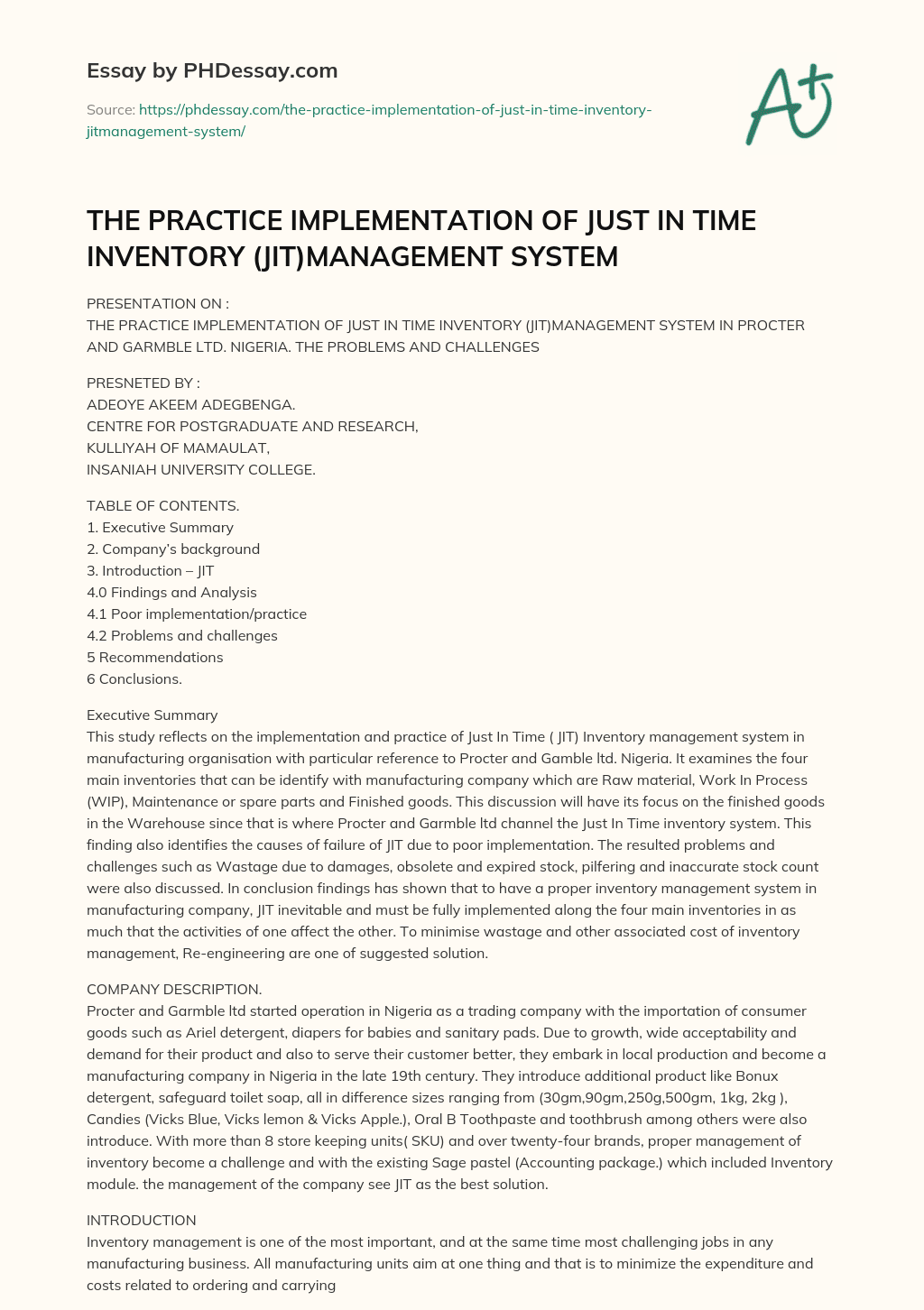 THE PRACTICE IMPLEMENTATION OF JUST IN TIME INVENTORY (JIT)MANAGEMENT ...