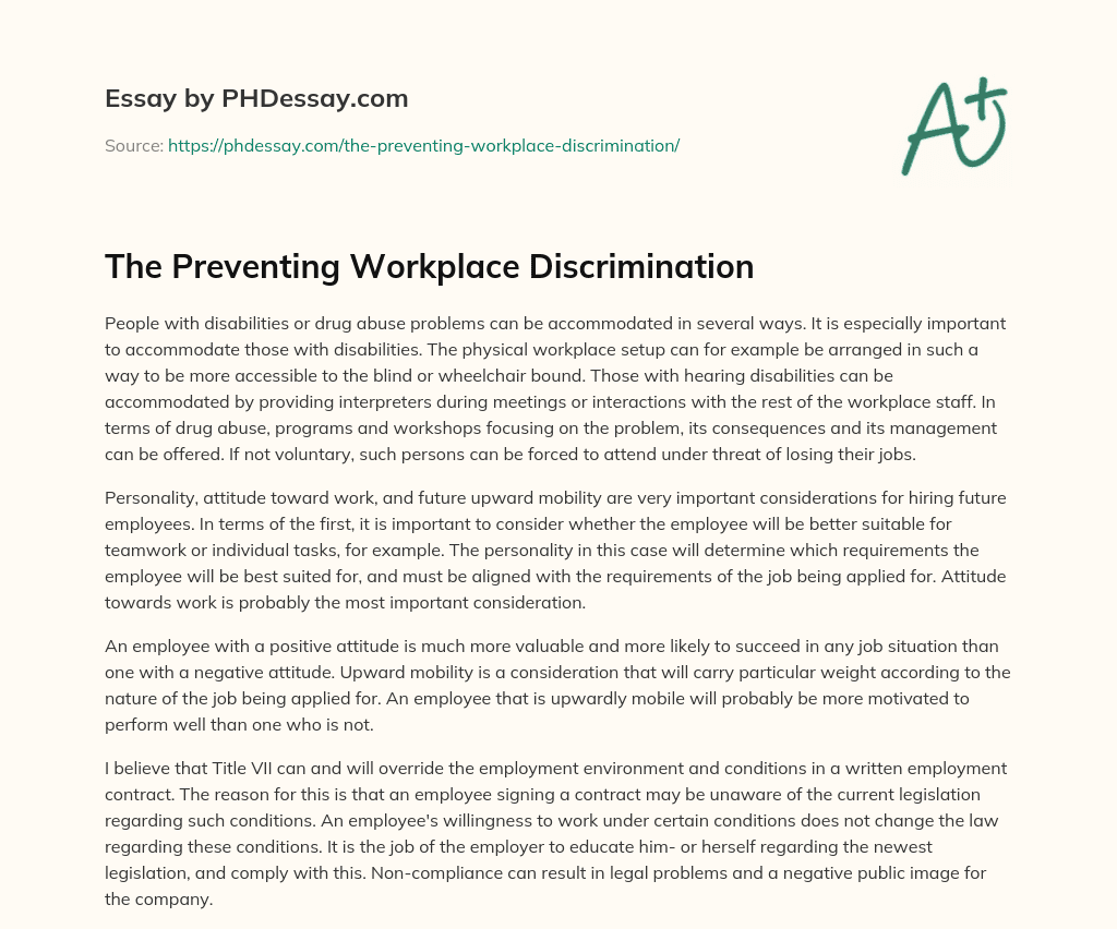 The Preventing Workplace Discrimination (300 Words) - PHDessay.com