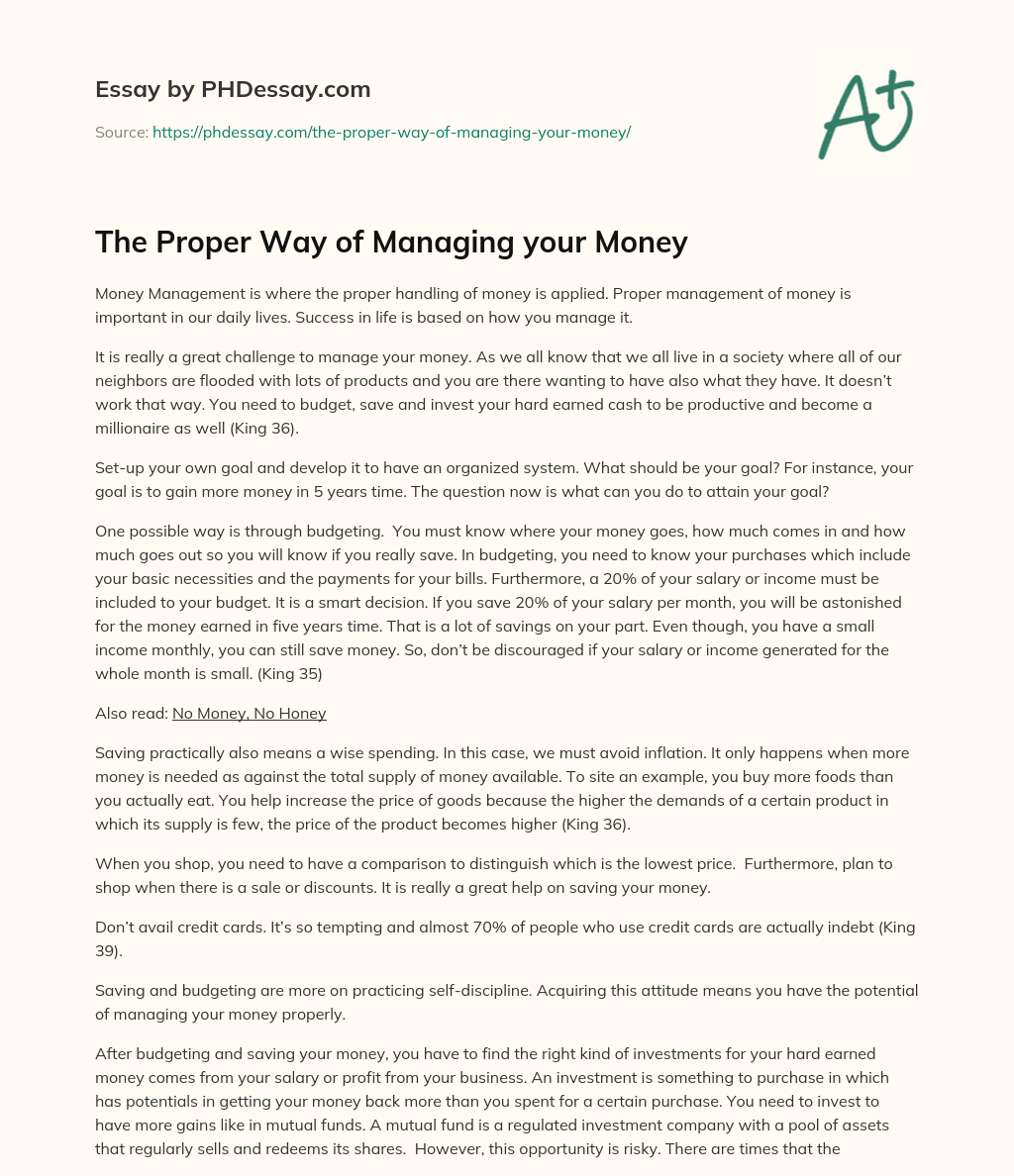 The Proper Way of Managing your Money (600 Words) - PHDessay.com