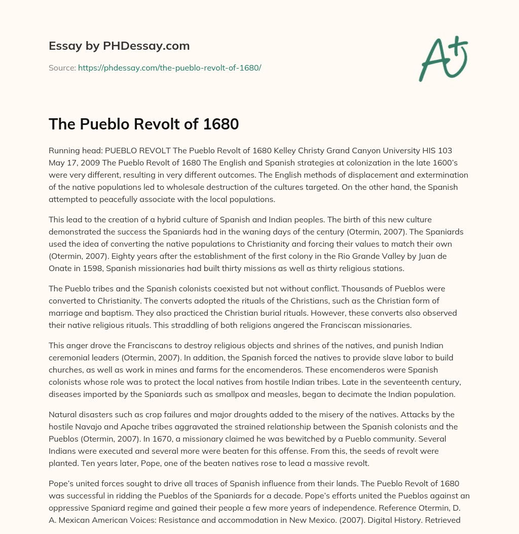 The Pueblo Revolt of 1680 (500 Words) - PHDessay.com