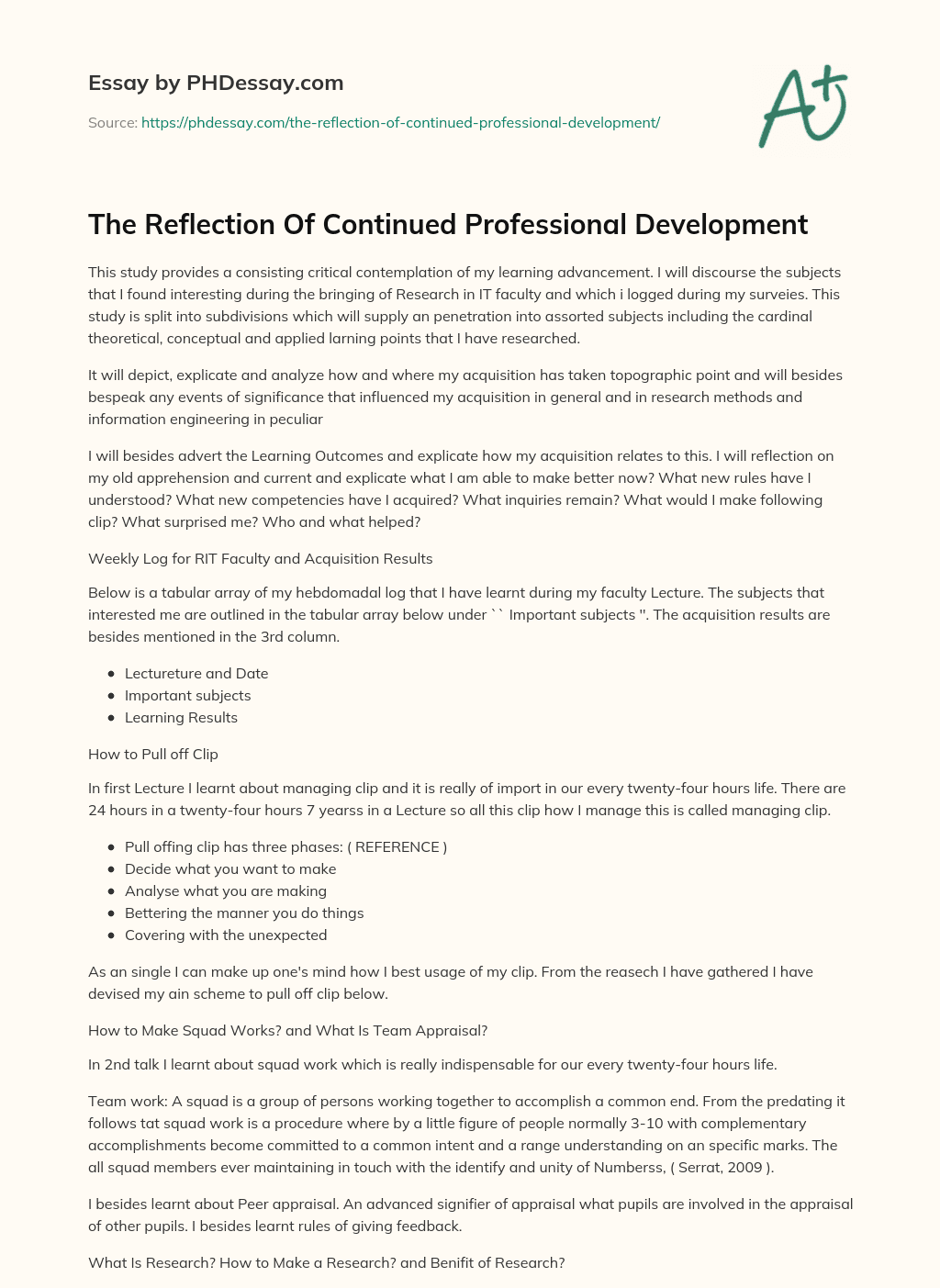 The Reflection Of Continued Professional Development - PHDessay.com