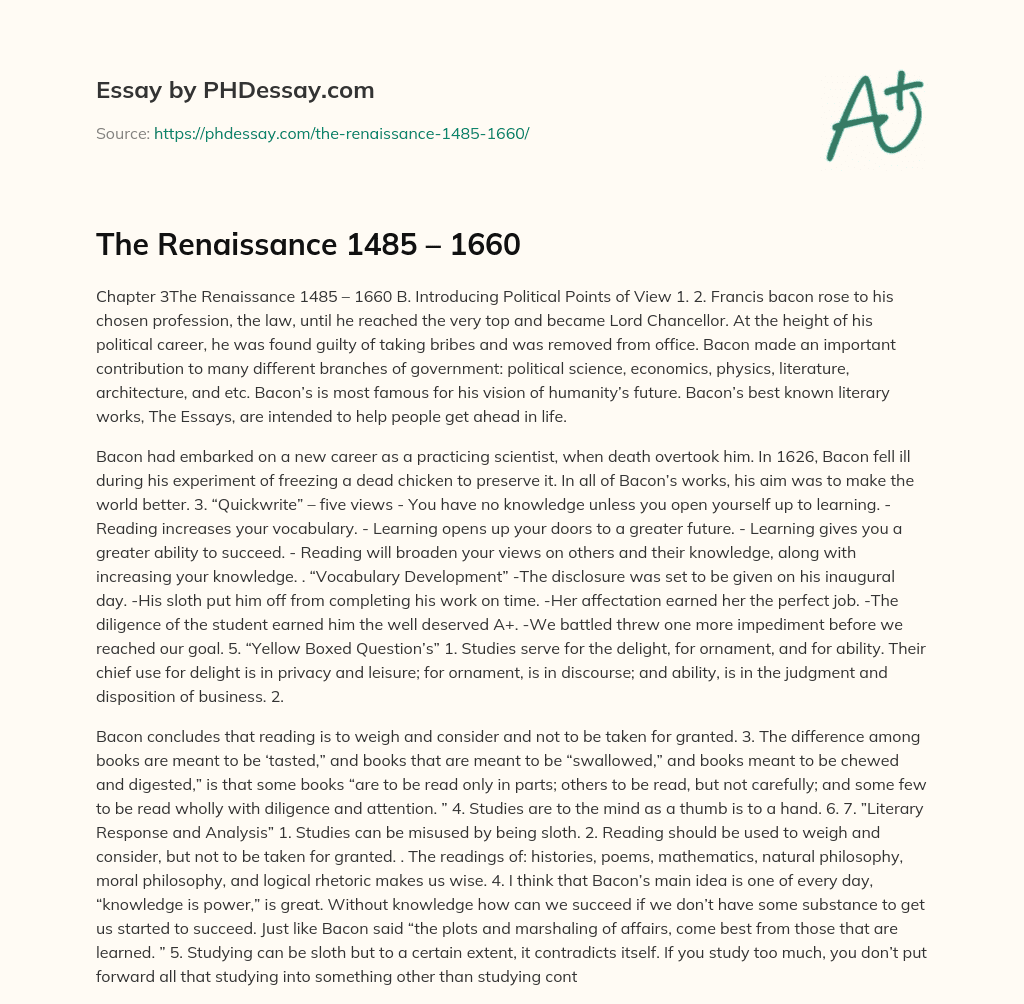 The Renaissance 1485 – 1660 Essay Example - PHDessay.com